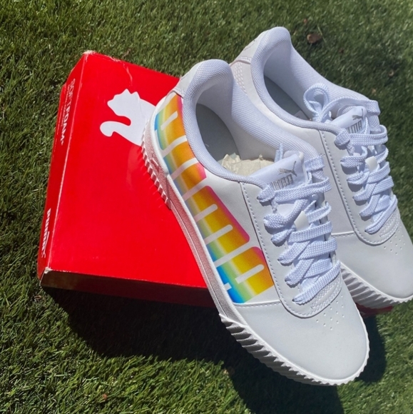 Puma | Shoes | Puma White Sneakers With Rainbow Stripes 6c Junior ...